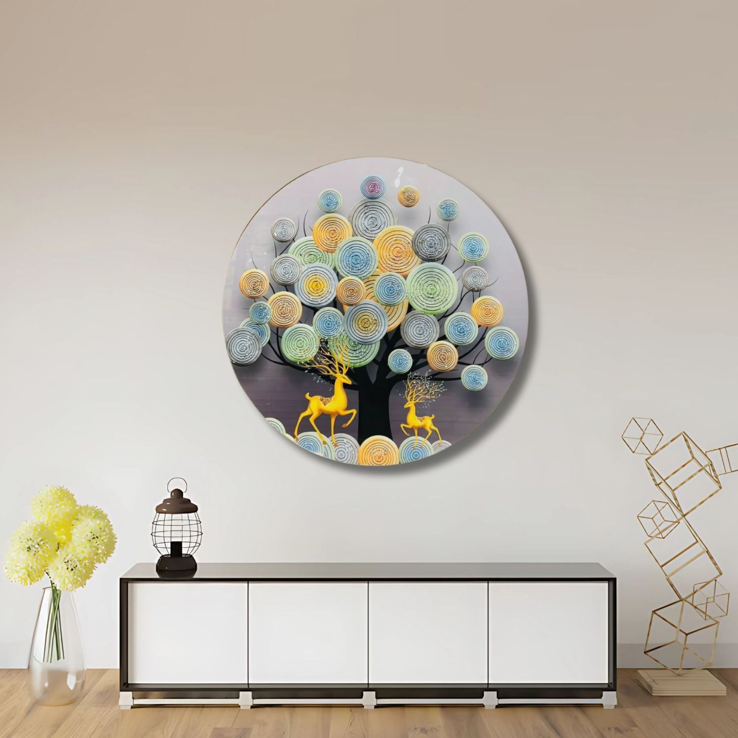 Luxury Colorful Tree Round Wall Art With Golden Deer Design - Nestern