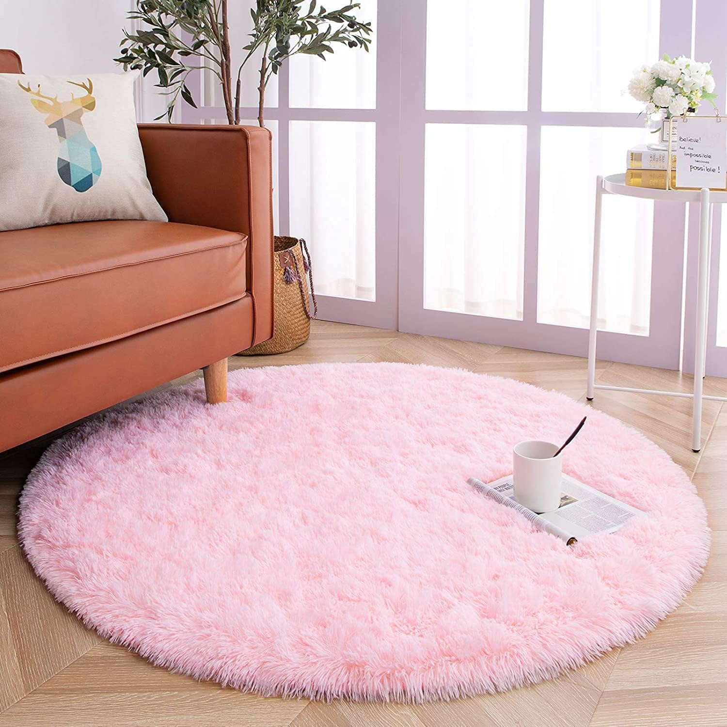 Pink Fluffy Round Rug